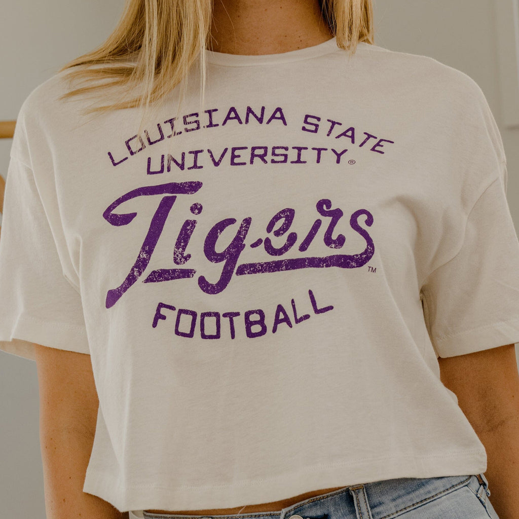 LSU Tigers Livy Lu Football Stencil Crop T-Shirt - Off White — Bengals & Bandits