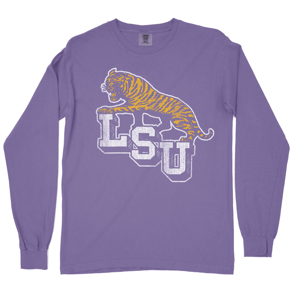 B&B Dry Goods LSU Tigers 68 Tiger Step Garment Dyed Long Sleeve - Grap — Bengals & Bandits